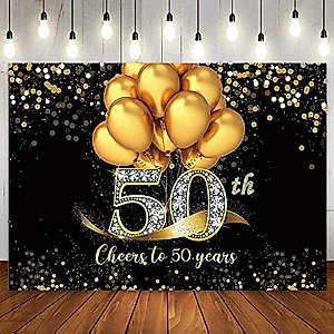 Happy 50th Birthday Backdrop Party Banner Black Gold Cheers to 50 Years Glitter Dot Balloon for Women Men Pography Background