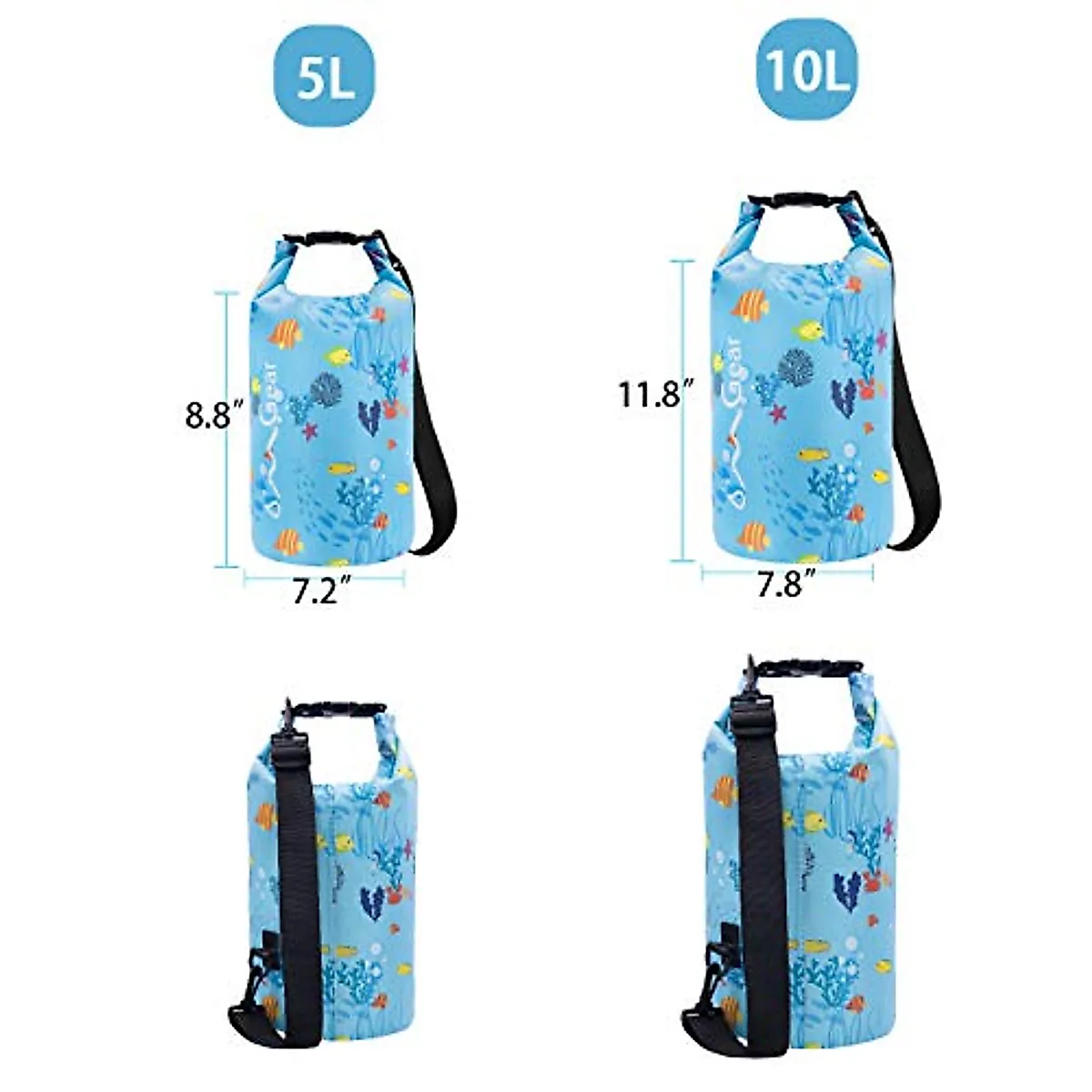 OMGear Waterproof Dry Bag Camping Gear Must Haves Dry Sack With Phone Pouch 40L/30L/20L/10L/5L Essentials for Kayaking Beach Boating River Paddling (Blue Fish,2L)