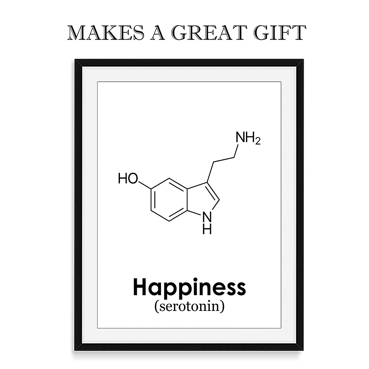Happiness Serotonin Molecule Wall Art 11x14 Unframed Art Print Poster Black on White for Office, Classroom, Science Laboratory or Home Décor. Great Gift For Scientists, Chemists, Geeks and Nerds