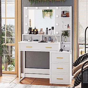 Tiptiper White Makeup Vanity with 10 Light Bulbs, Modern Vanity Desk with Mirror & 3 Lighting Modes, Vanity Table with 2 USB Ports and Outlets, Makeup Desk with Nightstand, Storage Shelves and Drawers