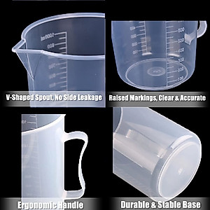 Merthvda 6 Sizes Plastic Beaker Set, 1000ml/500ml/250ml/100ml/50ml/30ml, Thicken Plastic Measuring Cup Clear Raised Graduated Liquid Container with Spout & Handle, Included 10pcs Transfer Pipettes