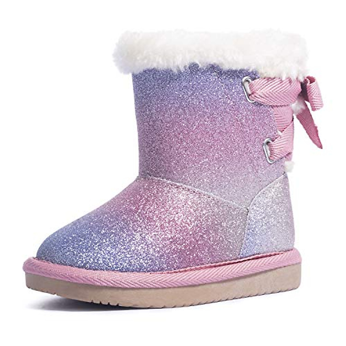 KRABOR Girls Glitter Snow Boots Cotton Lining Warm Winter Non~Slip Shoes with Cute Bow for Toddlers/Little Kid (Pink Size 2)
