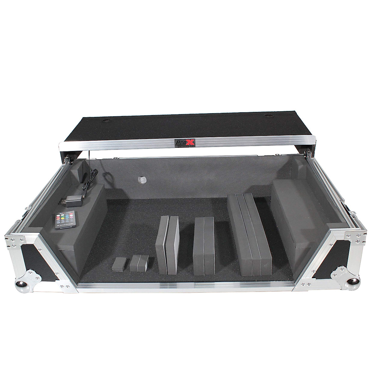 ProX Flight Case for Pioneer DDJSX3 DDJ-1000 SRT Controller with 2U Rack Space, Sliding Laptop Shelf,Wheels and LED Kit-Silver on Black Design - XS-SX1K2UWLTLED