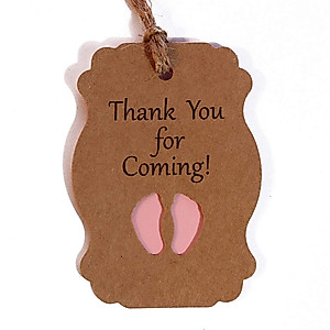 50 Pcs Thank You for Coming Baby Feet Kraft Tags with Jute Twine Gift Tags for Baby Shower Birthday Party Favor (Pink)