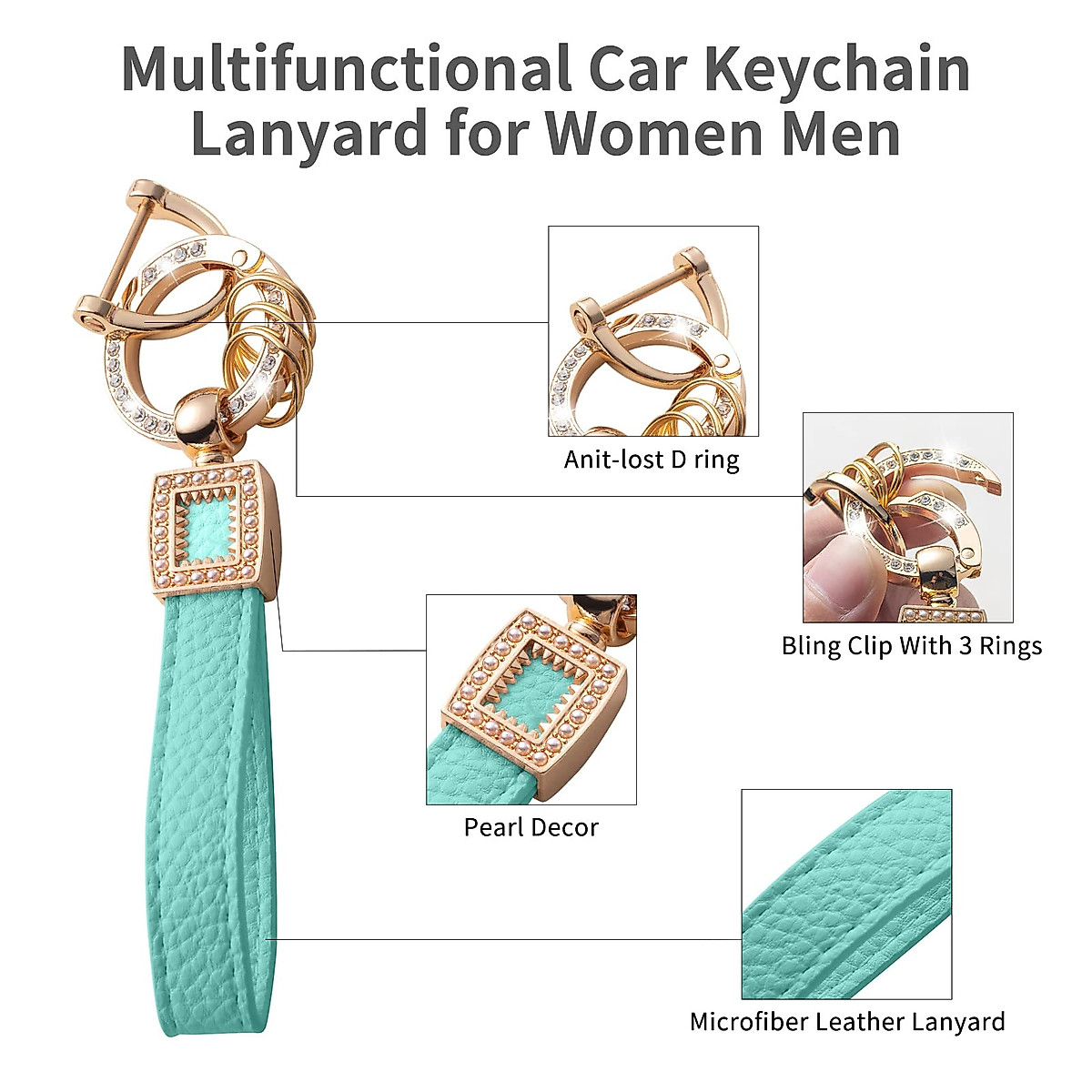 Gematay Microfiber Leather Car Keychain, Universal Car Key Fob Keychain Holder for Men and Women with 3 Keyrings, Anti-lost D-ring and Carabiner Clip, Mint green