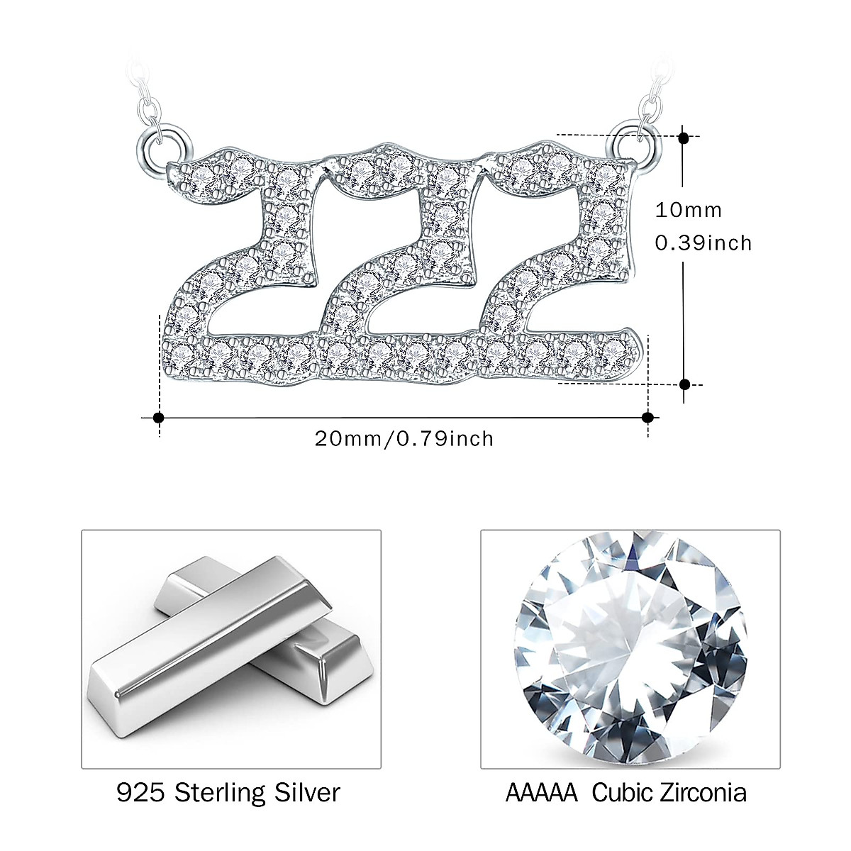 TUGHRA 222 Necklace for Women Xmas Gift 925 Sterling Silver Angel Number Necklaces Numerology Jewelry Gifts Dainty 5A Cubic Zirconia Christmas Gift for Women