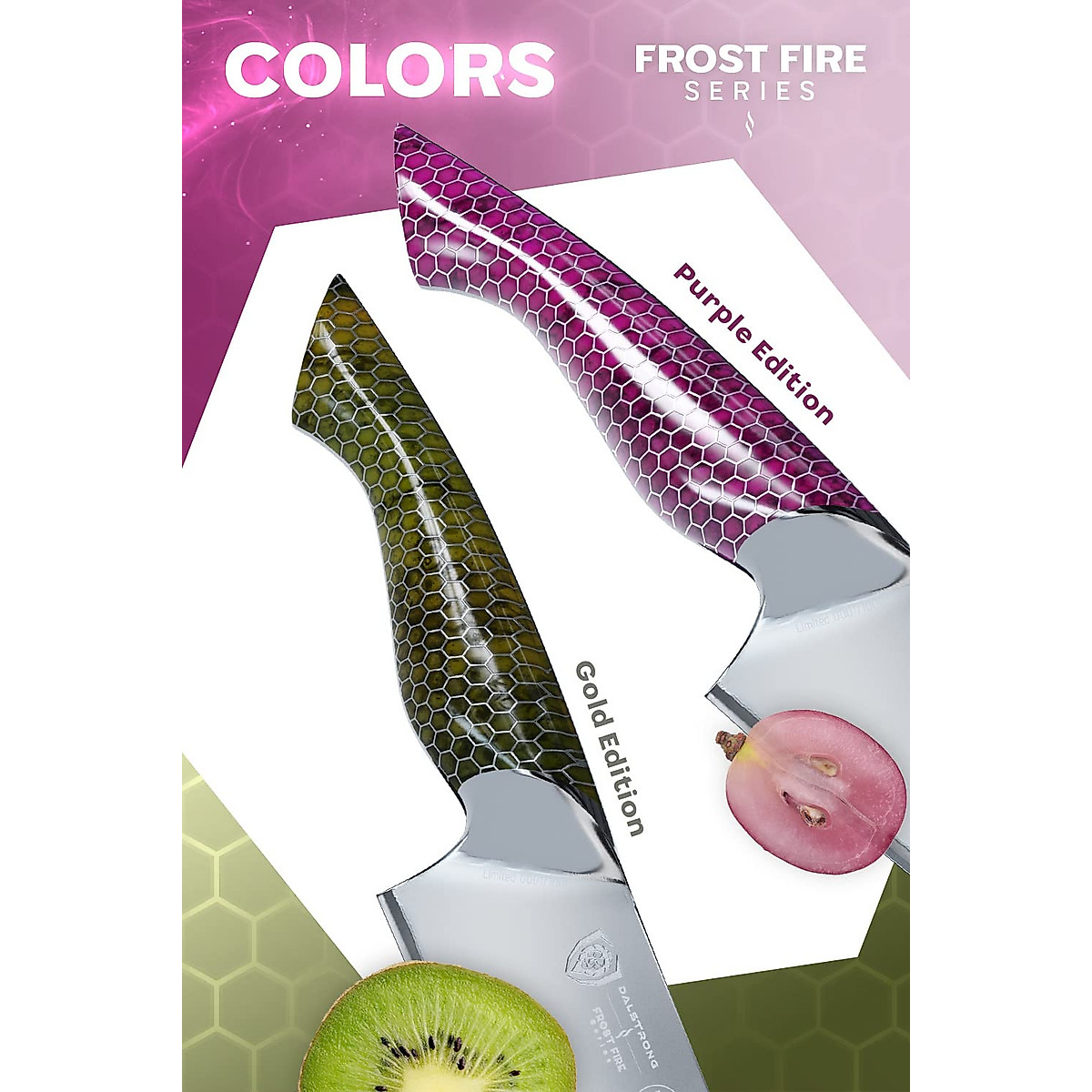 Dalstrong Chef Knife - 8 inch - Frost Fire Series - Frosted Amethyst Edition - HC 10CR15MOV Stainless Steel Kitchen Knife - Sand Blasted Frosted - Fuschia Honeycomb Handle - Sheath - NSF Certified
