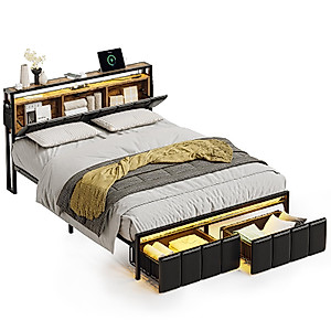 Bestier Queen Bed Frame with Hidden Storage Headboard, Black PU Leather Platform Bed with 2 Dustproof Drawers, 2 Tier Shelves with Charging Station, Dual LED Light, No Box Spring Needed, Easy Assembly