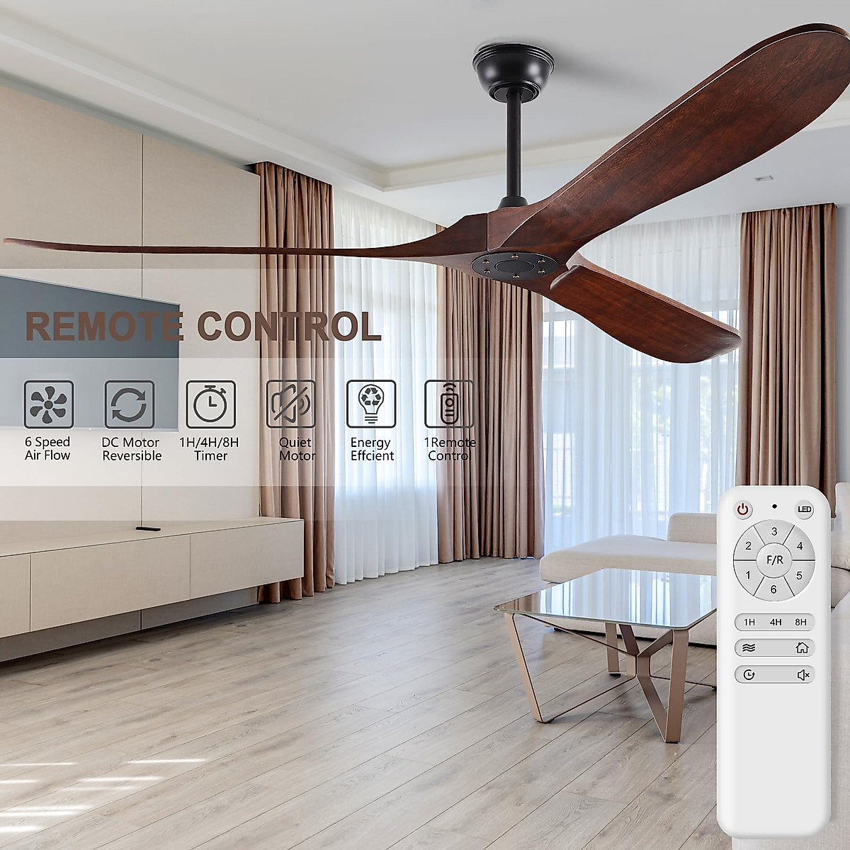 FISHMIX Large 72" Ceiling Fans without Lights, Solid Wood Ceiling Fan No Light with Remote Control Smart Indoor Outdoor Ceiling Fans for Patios, Living Room, Bedroom, Farmhouse Deep Walnut