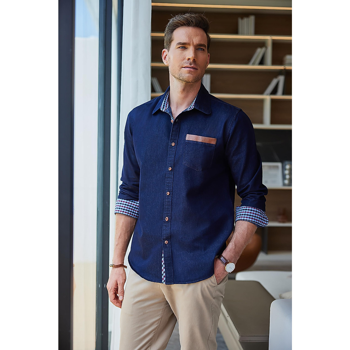 COOFANDY Mens Button Down Long Sleeve Shirts Slim Fit Dress Shirt Denim Cowboy Shirts