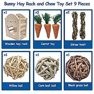 Hamiledyi Wood Rabbit Hay Feeder for Cage Bunny Hay Manger Rack Small Animals Feeding Holder Wooden Grass Dispenser with Chew Toys for Guinea Pig Chinchilla Hamster 9Pcs