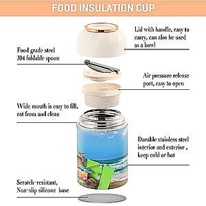 CUPADA Beach Cat Unicorn Food Jar, Tropical Palm Tree Insulated Hot Food Jars Vacuum 17OZ with Folding Spoon for Work Trip Picnic Camping