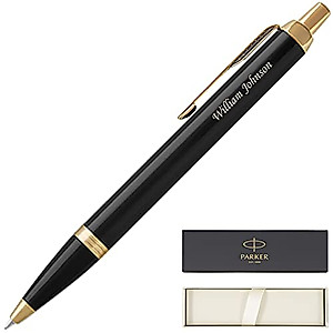 Dayspring Pens Parker Pen | Engraved/Personalized Parker IM Black Lacquer and Gold Trim Ballpoint Gift Pen. Custom Engraving Shipped in One Business Day.