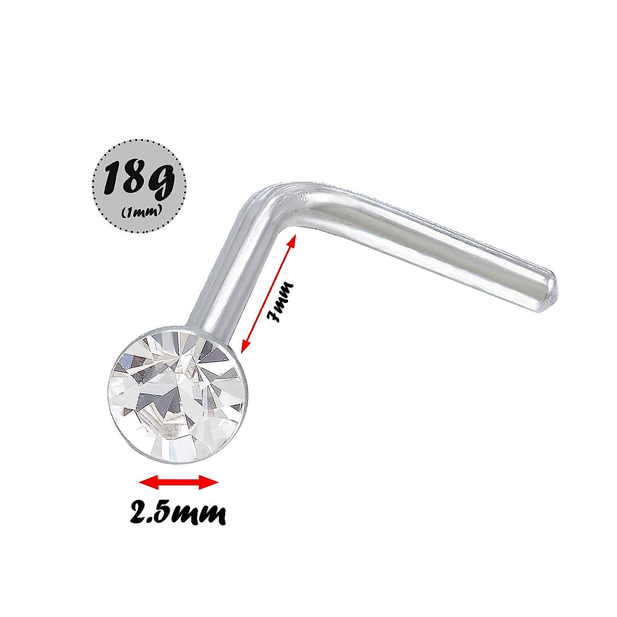 3Pcs L Shaped Nose Ring 18g Surgical Stainless Steel And 20g Retainer Nostril Piercing Studs Jewelry 2.5mm Clear Crystal