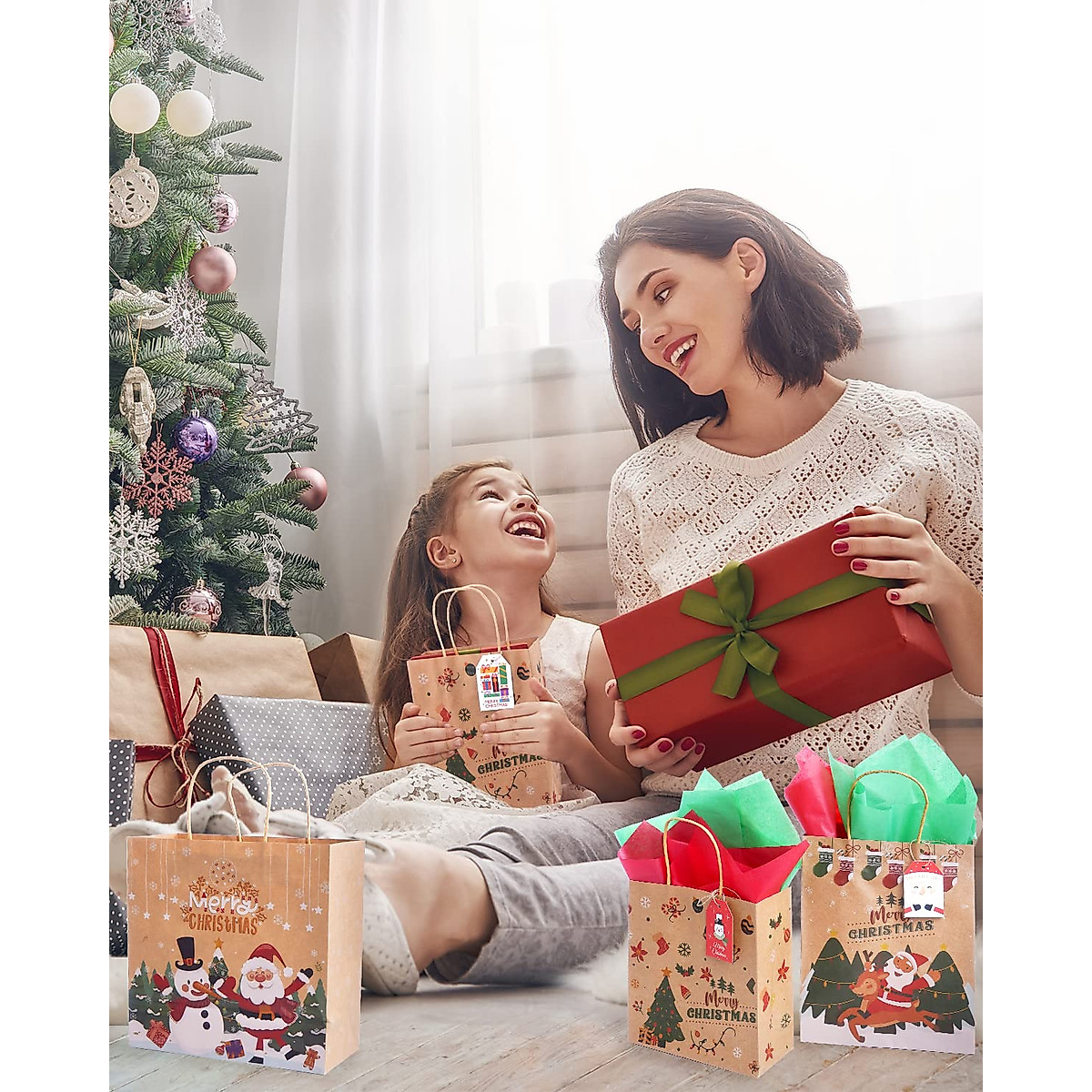 IGbunify 24 Pcs Assorted Sizes Christmas Kraft Gift Bags with Handles，Christmas Goody Bags for Xmas School Gift Wrapping and Party Favors-3 Pattern & 3 Sizes