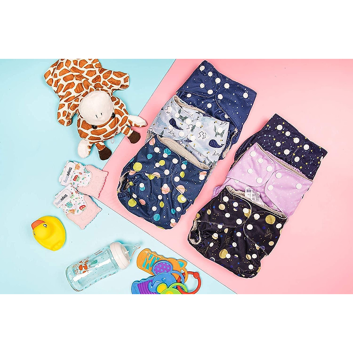 Simple Being Reusable Cloth Diapers, Double Gusset, One Size Adjustable, Washable Soft Absorbent, Waterproof Cover, Eco-Friendly Unisex Baby Girl Boy, six 4-Layers Microfiber Inserts (Constellations)