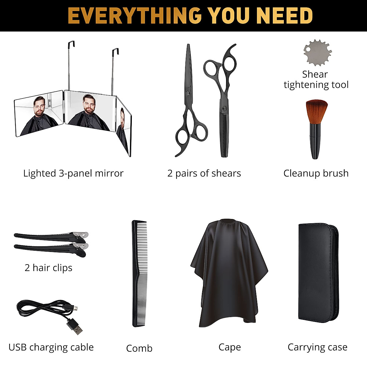 KKOCH BEAUTY 3 Way Mirror with LED Lights, Haircutting Kit, 360 Mirror for Braiding and Makeup, Mirror to See Back of Head, Self Cut for Men Women Kids