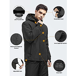 FREE SOLDIER Men's Waterproof Ski Snow Jacket Fleece Lined Warm Winter Rain Jacket with Hood Fully Taped Seams(Black,XL)