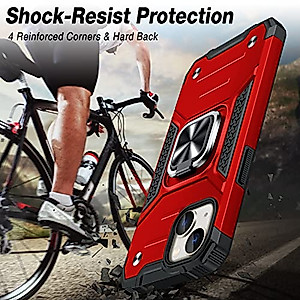 JAME for iPhone 14 Case with Screen Protector [2 PCS], Shockproof Bumper Case for iPhone 14 Case for Women & Men, Heavy-Duty Protection with Metal Ring Kickstand Case for iPhone 14, Red