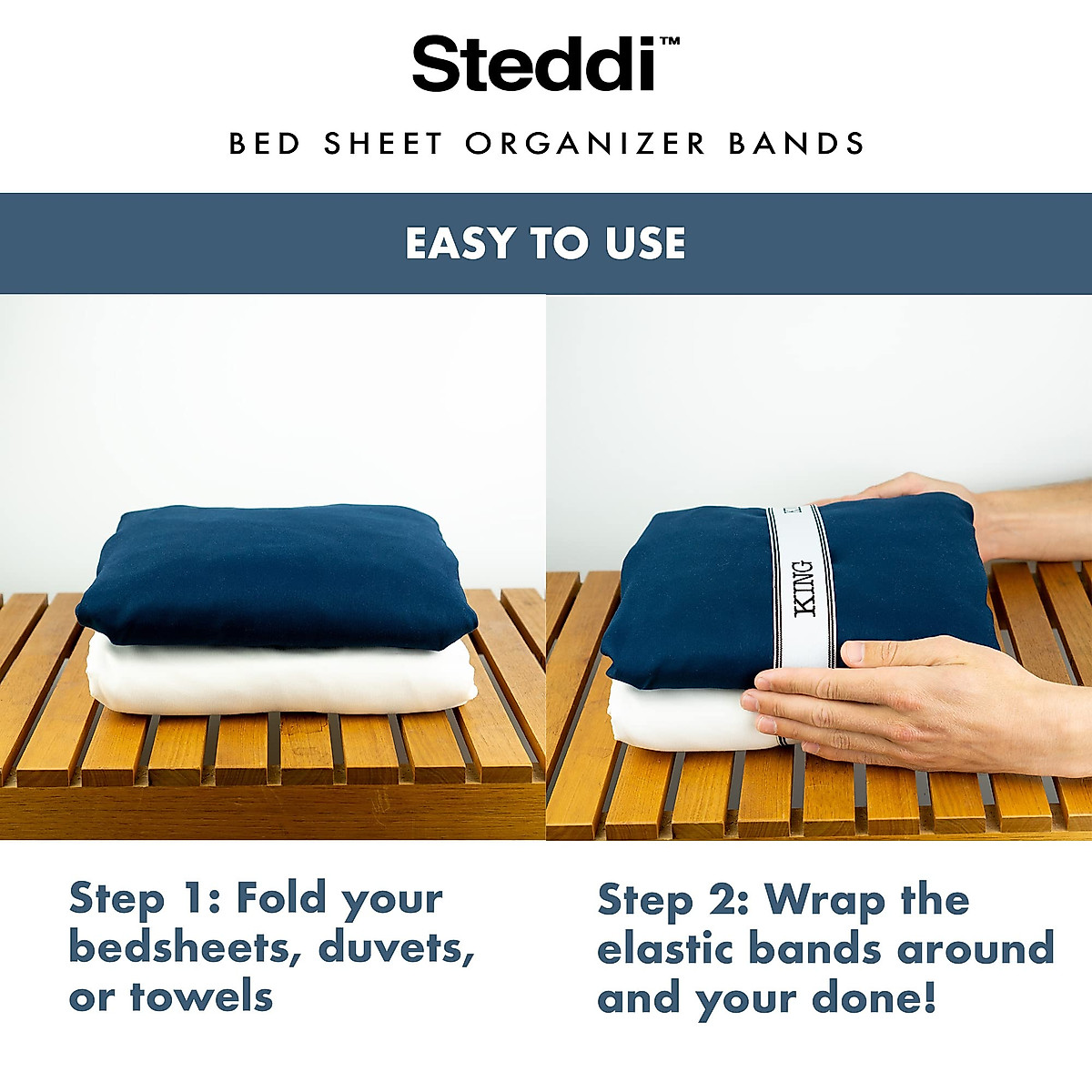 Steddi Bed Sheet Organizer Bands, Sheet Bands for Organizing, Sheet Organizer Bands, Sheet Labels for Bedding, Sheet Size Label Bands for Bed Sheets, Pillow Case, Duvet (King)