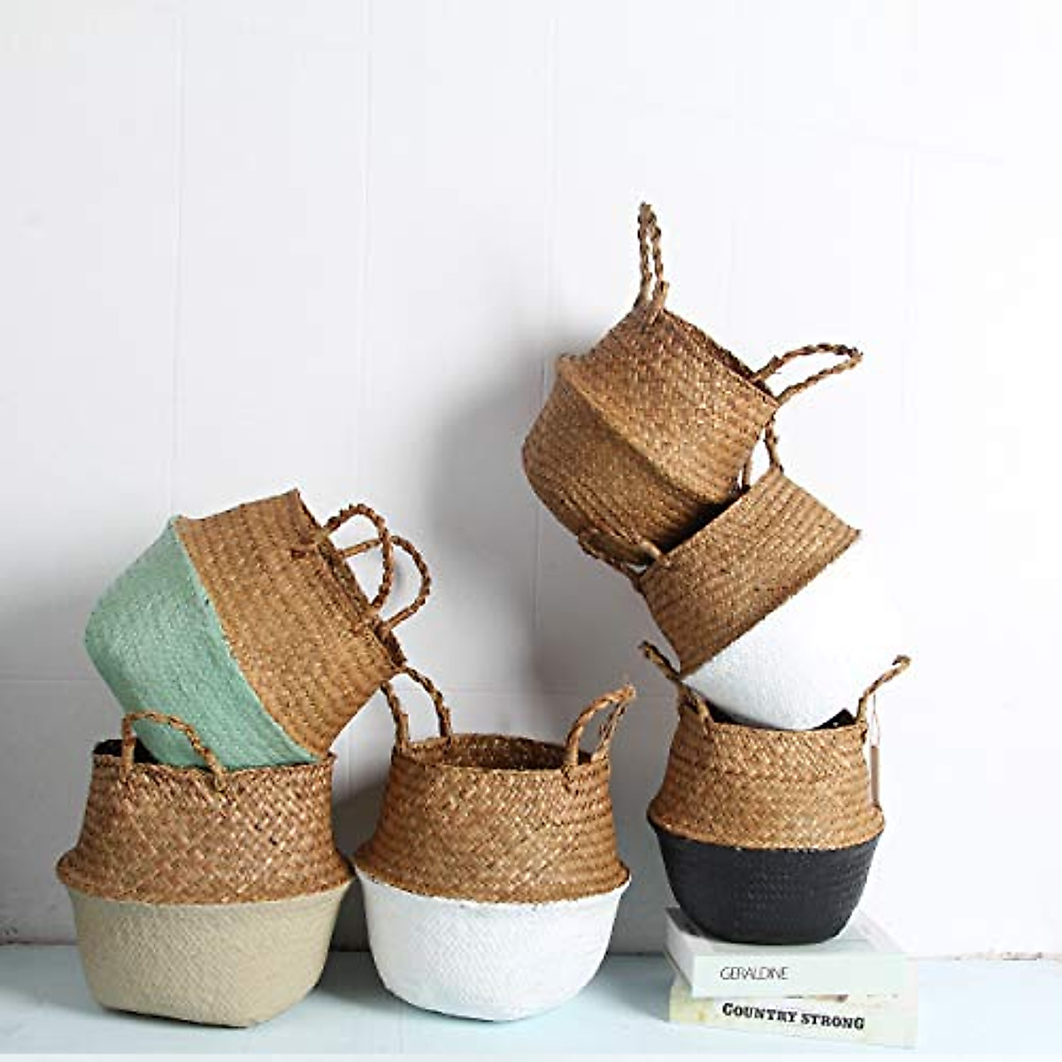 BlueMake Woven Seagrass Belly Basket for Storage, Laundry, Picnic, Plant Pot Cover, and Grocery and Toy Storage (Black, Large)