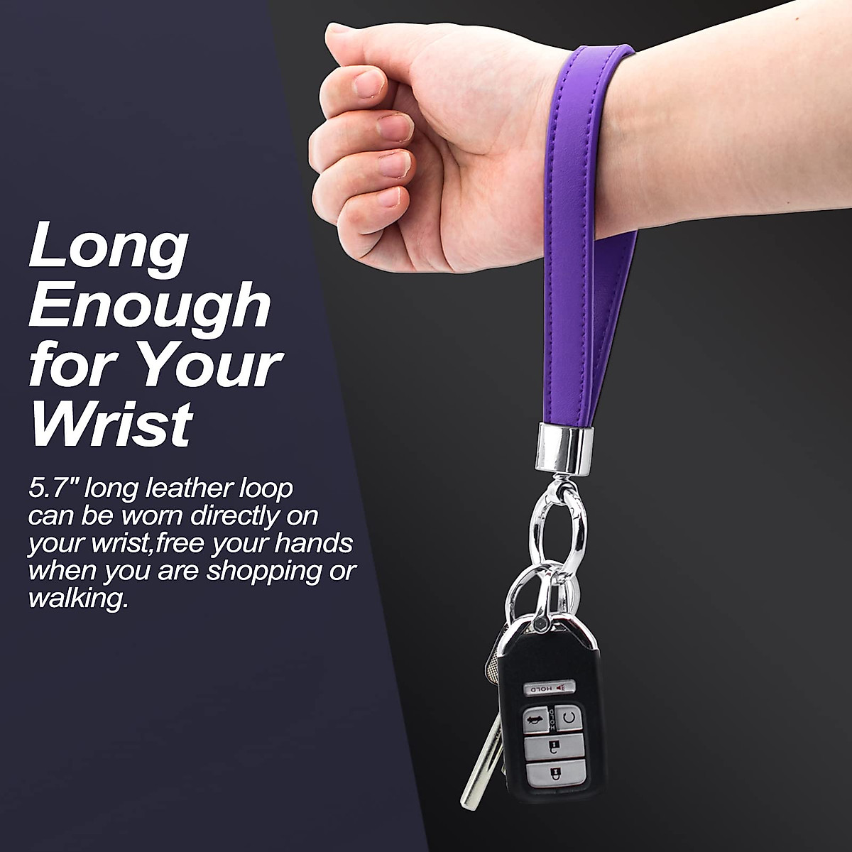 MECHCOS Car Key Fob Keychain Holder Genuine Leather Wristlet Loop Key Chain Circle Carabiner Clip for Men and Women with Anti-Lost D Ring, Screwdriver, 4 Key Rings, 360 Degree Rotatable, Purple