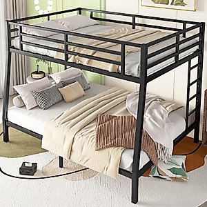 Full XL Over Queen Bunk Beds with 2 Build in Ladder and Full Length Guardrail, Heavy Duty Bunk Bed/Full XL Over Queen Bunk Bed for Adults, Teens, Kids, No Box Spring Needed(Black Full XL Over Queen)