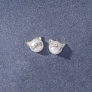 Ross-Simons 8-8.5mm Cultured Pearl Cat Earrings with Diamond Accents in Sterling Silver