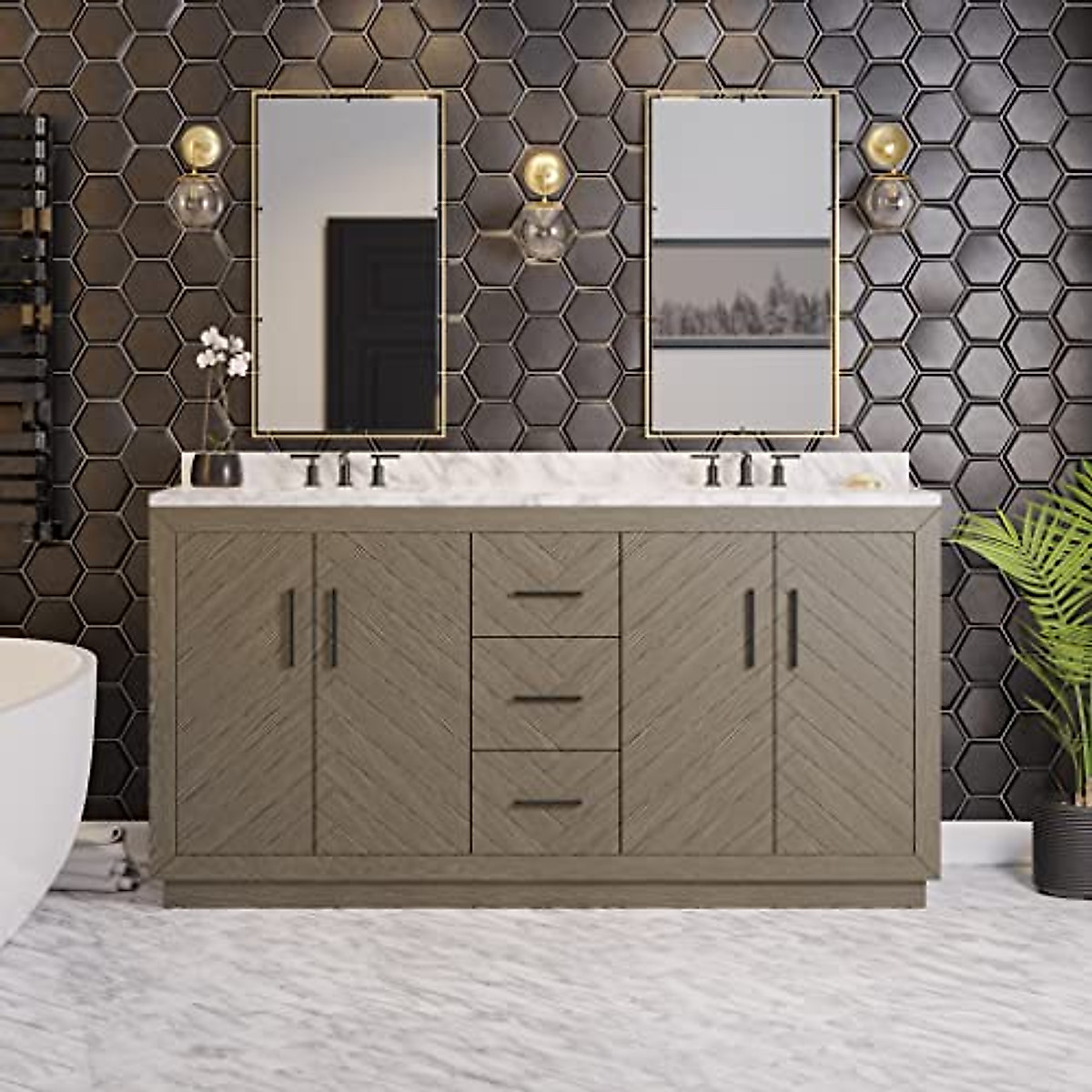Kitchen Bath Collection Peyton 72-inch Double Bathroom Vanity (Carrara/Gray Oak): Includes Gray Oak Cabinet with Stunning Carrara Marble Countertop and White Ceramic Sinks