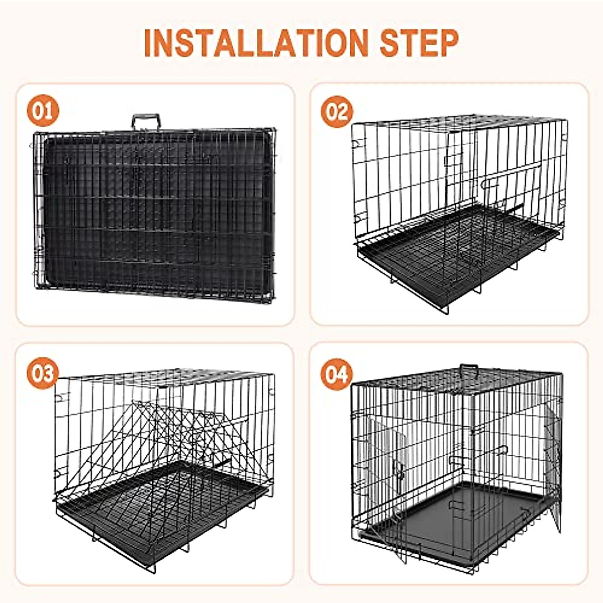 30/36/42Inches Double Door Dog Crate Folding Metal Wire Dog Kennel Cage with Tray for Small/Medium/Large Dogs Indoor Outdoor Travel Use