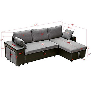 Runboll Sectional Sofa with Pull-Out L-Shape Bed Reversible Chaise Sofa with Storage Seat Sleeper Couch with 2 Stools