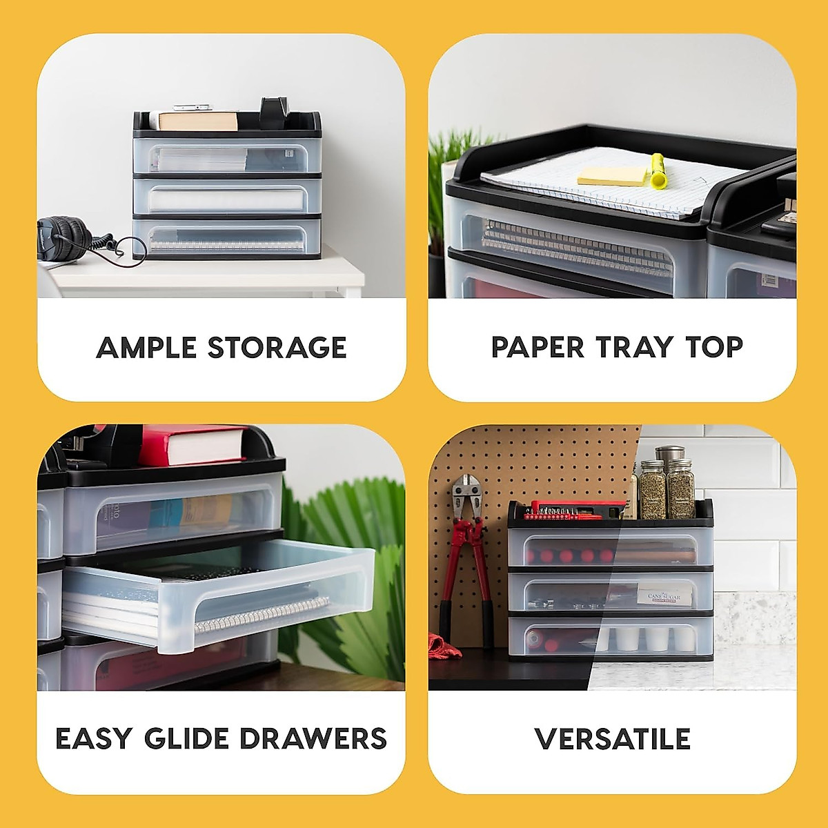 IRIS USA Medium 3-Drawer Desktop Organizer with Open Tray Top, for Office, School, Stationary, Makeup Organizer, Bathroom, Utility, Medical Supplies, Desk Organizer, Versatile Storage, Black