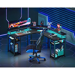 Coleshome L Shaped Gaming Desk with LED Lights & Power Outlets, Reversible 56" Computer Desk with Full Monitor Stand & Storage Shelves, Ergonomic Home Office Corner Desk, Black