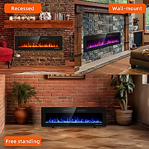 BREEZEHEAT 60 inch Electric Fireplace Wall Mounted/Freestanding-Ultra Thin Fireplace Inserts for Living Room with Heater, Remote Control, Touch Screen, Led Flame, 8H Timer, 750w/1500w