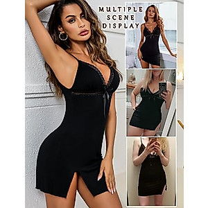 ADOME Women Slip Lingerie Lace Chemise Babydoll Nightgown V-Neck Full Slip Dress Black