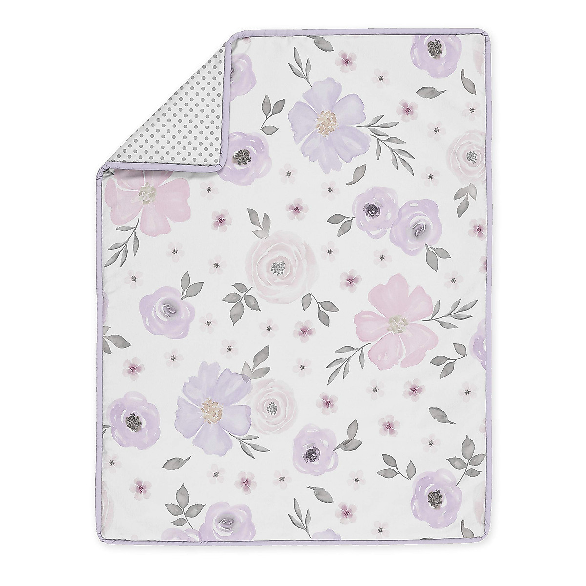 Sweet Jojo Designs Lavender Purple, Pink, Grey and White Shabby Chic Watercolor Floral Baby Girl Nursery Crib Bedding Set - 11 Pieces - Rose Flower Polka Dot