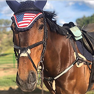 American USA Flag Horse Bonnet with Ears NET Fly Veil MASK Hood Crochet Cotton Hand Made Breathable Full Size Stretchable Ears Equestrians TACK Shows (Full/Horse)