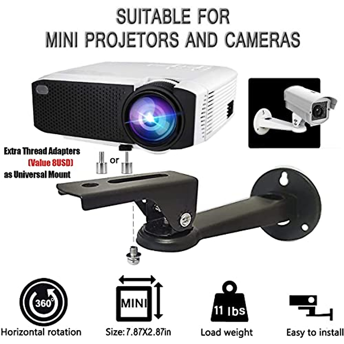 2-Be-Best Mini Projector Wall Mount Angle Adjustable Projector Mount Length 7.87 in / 20 cm Thread 1/4" M4 M6 Rotation 360° as Projectors CCTV DVR Cameras Camcorder Mount for Office School Home Black