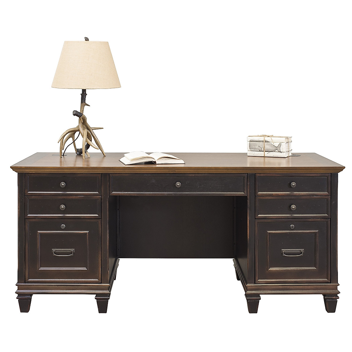 Martin Furniture Hartford Double Pedestal Shaped Desk, Brown - Fully Assembled & Hartford Lateral File Cabinet, Brown - Fully Assembled