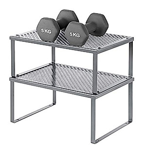 SONGMICS Cabinet Shelf Organizers, Shelf Organizer, Countertop Organizer, Shelf Riser, Stackable, Expandable, Set of 2 Metal Kitchen Counter Shelves, Silver UKCS01SV
