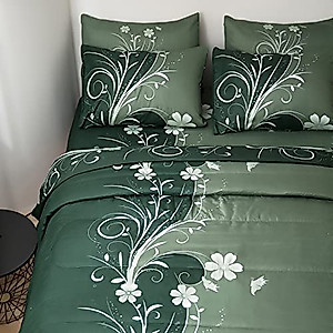 MUGINYU Botanical Comforter Set Queen Size,Dark Green with White Floral 7 Piece Bed in A Bag All Season Reversible Patchwork Bedding Set
