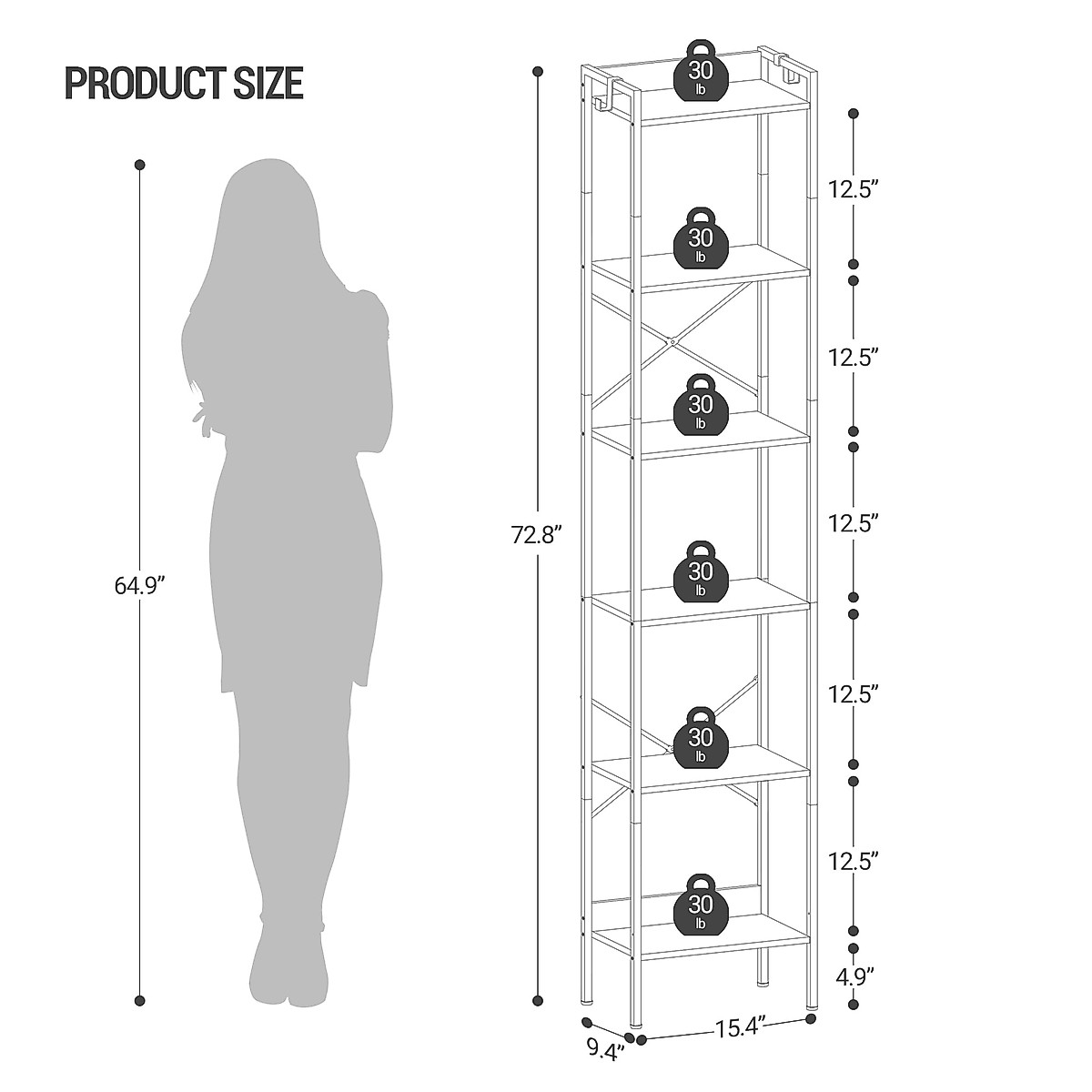 Hzuaneri Bookshelf, Book Shelf, Industrial Bookcase with 2 Hooks, Coner Shelf Storage Organizer for Home Office, Living Room, Bedroom, Kitchen, 6-Tier Rustic Brown BC10701B