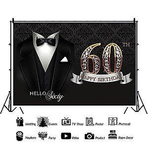DORCEV 5x3ft Men 60th Birthday Party Backdrop Black Gold Diamonds Bow Tie White Shirt Suit Tuxedo Backdrop for Birthday Party Hello Sixty Happy 60th Birthday Dinner Party Background Banner Props