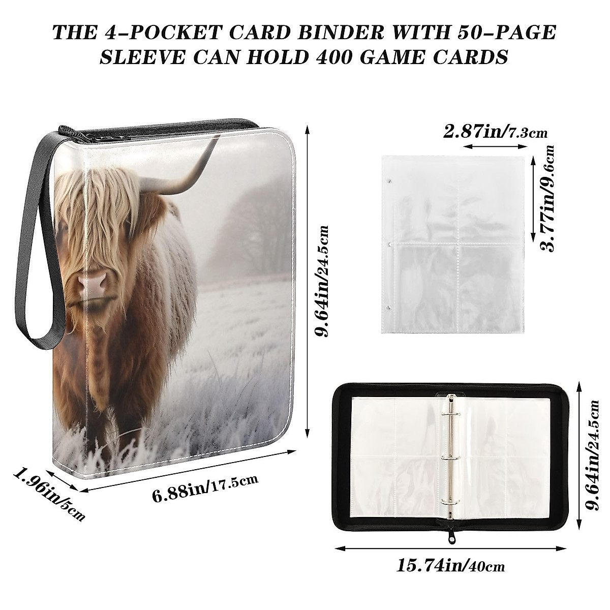 PYBUG Highland Cow Trading Card Binder with Nylon Strap 4-Pocket Waterproof PU Leather Card Collection Binder for 400 Cards Sturdy Card Holder Folders for Game Cards,Sports Cards