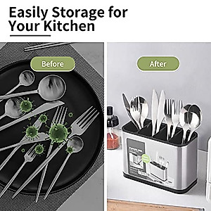 Kitchen Utensil Holder, Stainless Steel Flatware Organizer for Countertop, 4 Divided Utensil Caddy Counter for Spoon, Fork, Spatula (Large)