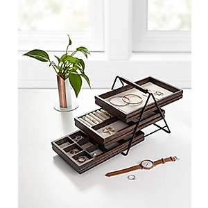 Umbra Terrace Tier Jewelry Three Sliding Linen Lined Wood Trays with Metal Frame and Handle, Easy Storage and Access, Walnut, 3 Each