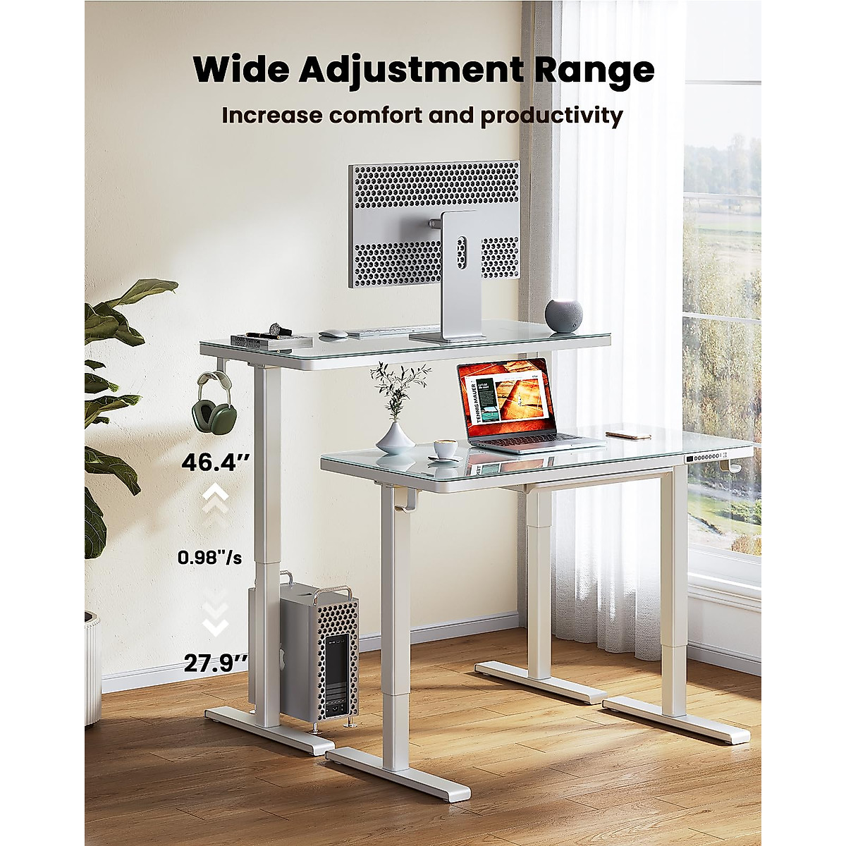 ErGear Dual Motor Electric Standing Desk with Drawers,48x24 Inch Whole-Piece Glass Desktop Quick Install,Height Adjustable Stand up Sit Stand Home Office Ergonomic Workstation with USB Charging Ports