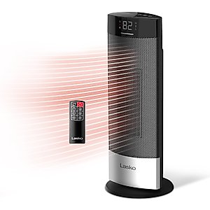 Lasko Ellipse Ceramic Tower Heater for Home with Tipover Switch, Child Lock, Digital Display, Thermostat, Wide Oscillation, Remote, Timer, For Bedroom, Office, Living Room, Den, 1500W, Black, CT18950