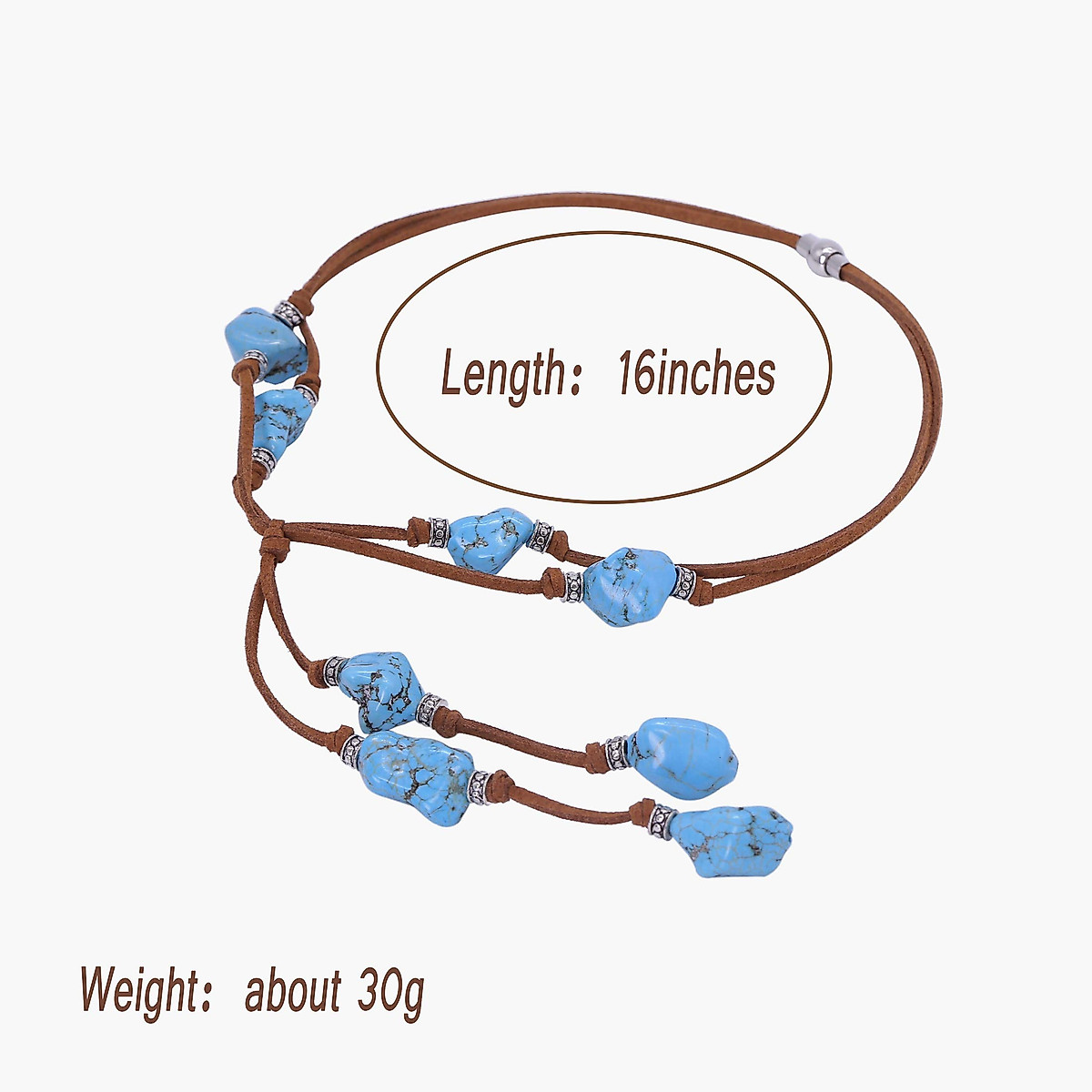 CANEVINKA Natural Turquoise Necklace with Genuine Brown Leather Cord Costume Jewelry for women