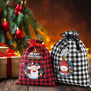 8 Pack Assorted Sizes Gift Bags buffalo plaid and Christmas patterns gifts Bags with Drawstrings Xmas Plaid Burlap Bags Wrapping Bags Drawstring Storage Bags with Drawstring